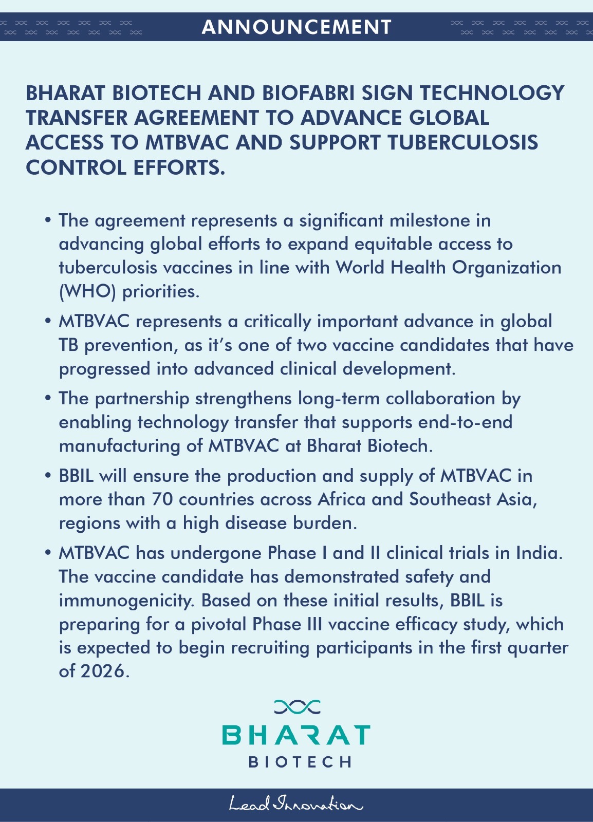 Announcements - Bharat Biotech- A Leading Biotech Company